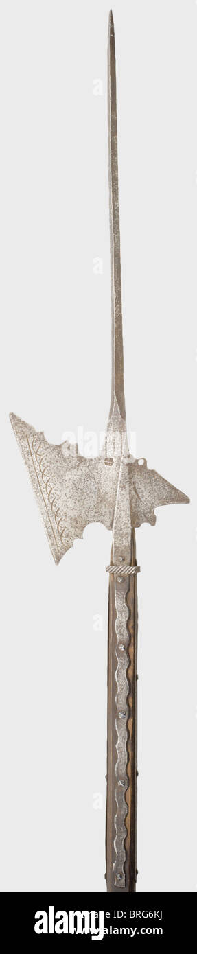 A German halberd, circa 1540 Long quadrangular thrusting spike. Heavy ...