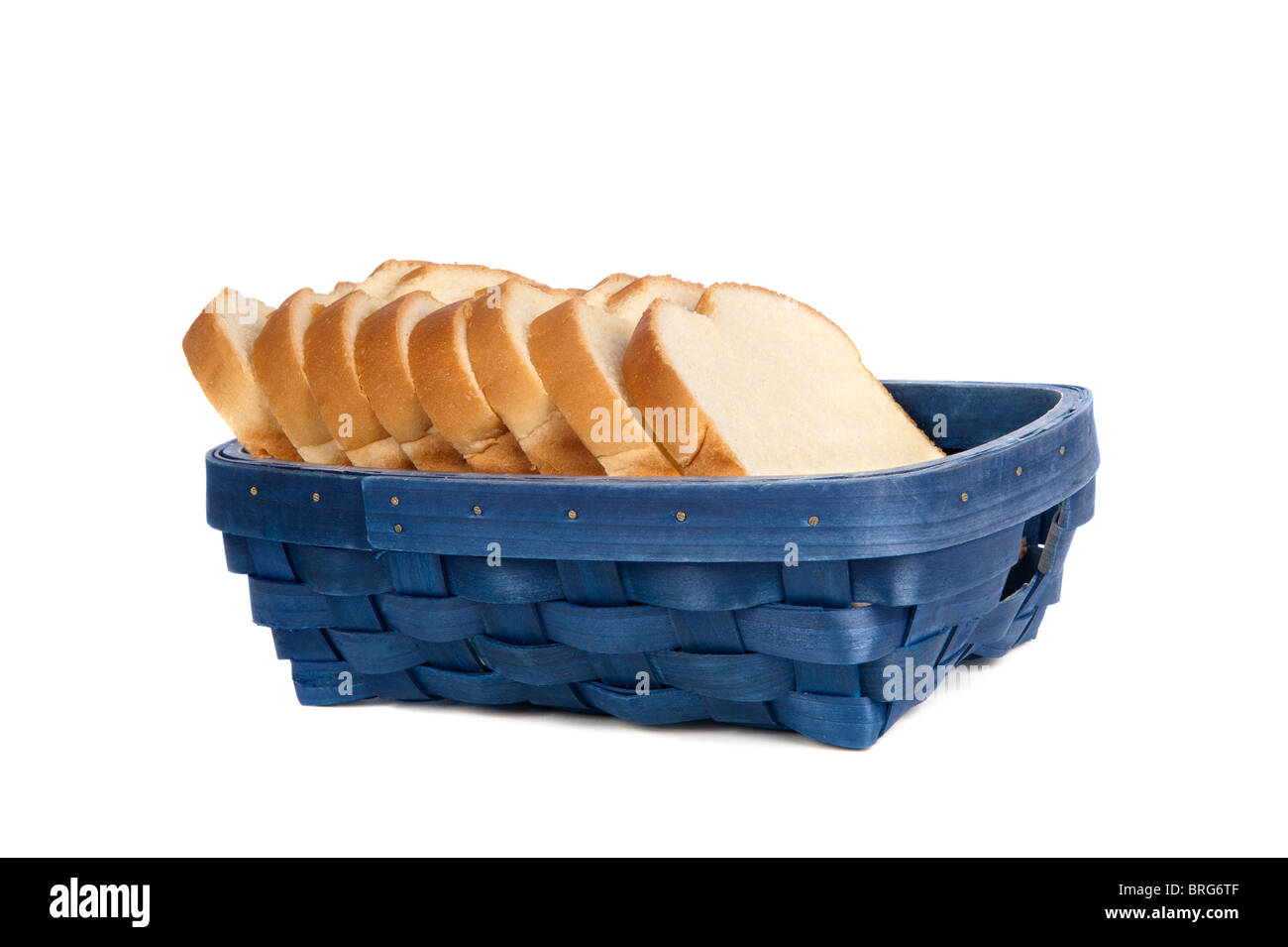 A blue basket of sliced bread on a white background Stock Photo - Alamy