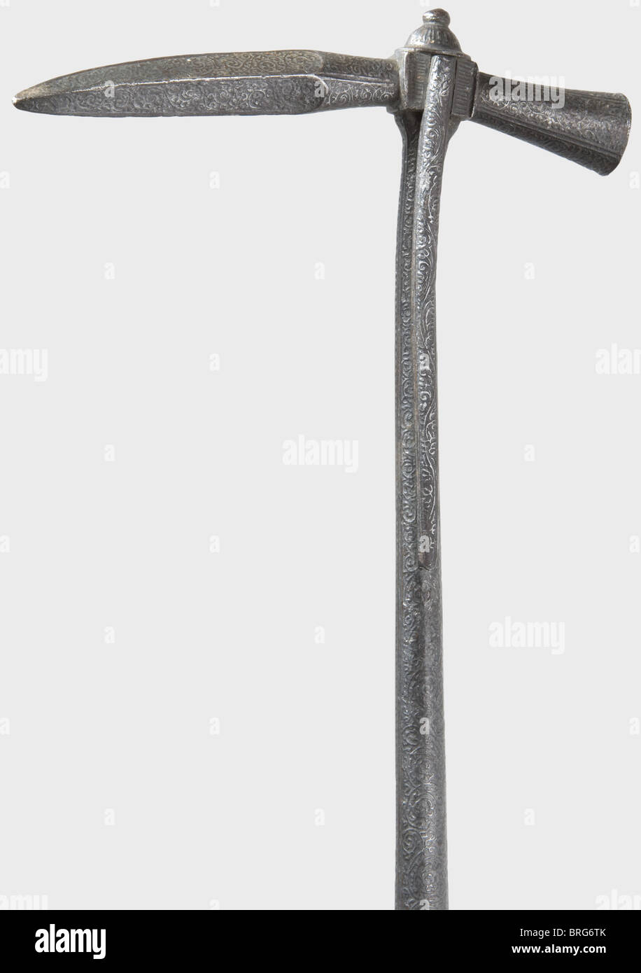 A German etched horseman's war hammer,circa 1560 Slender head with a ...