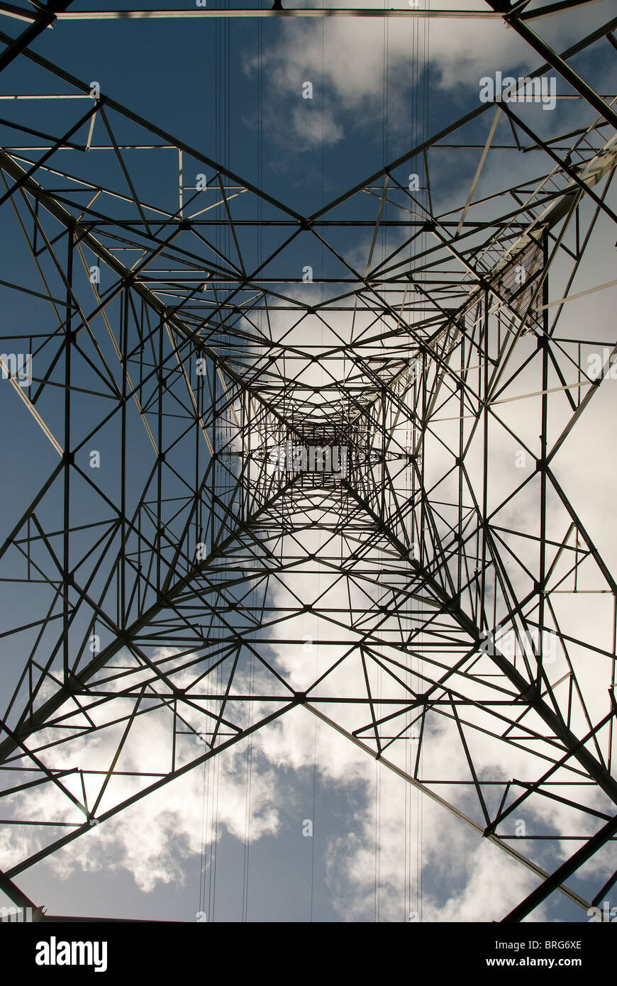 Unusual view of electricity pylon Stock Photo - Alamy