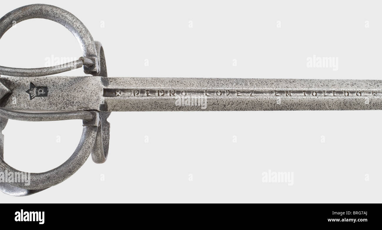 A Spanish rapier,circa 1600 Double-edged blade,the central ridge ...