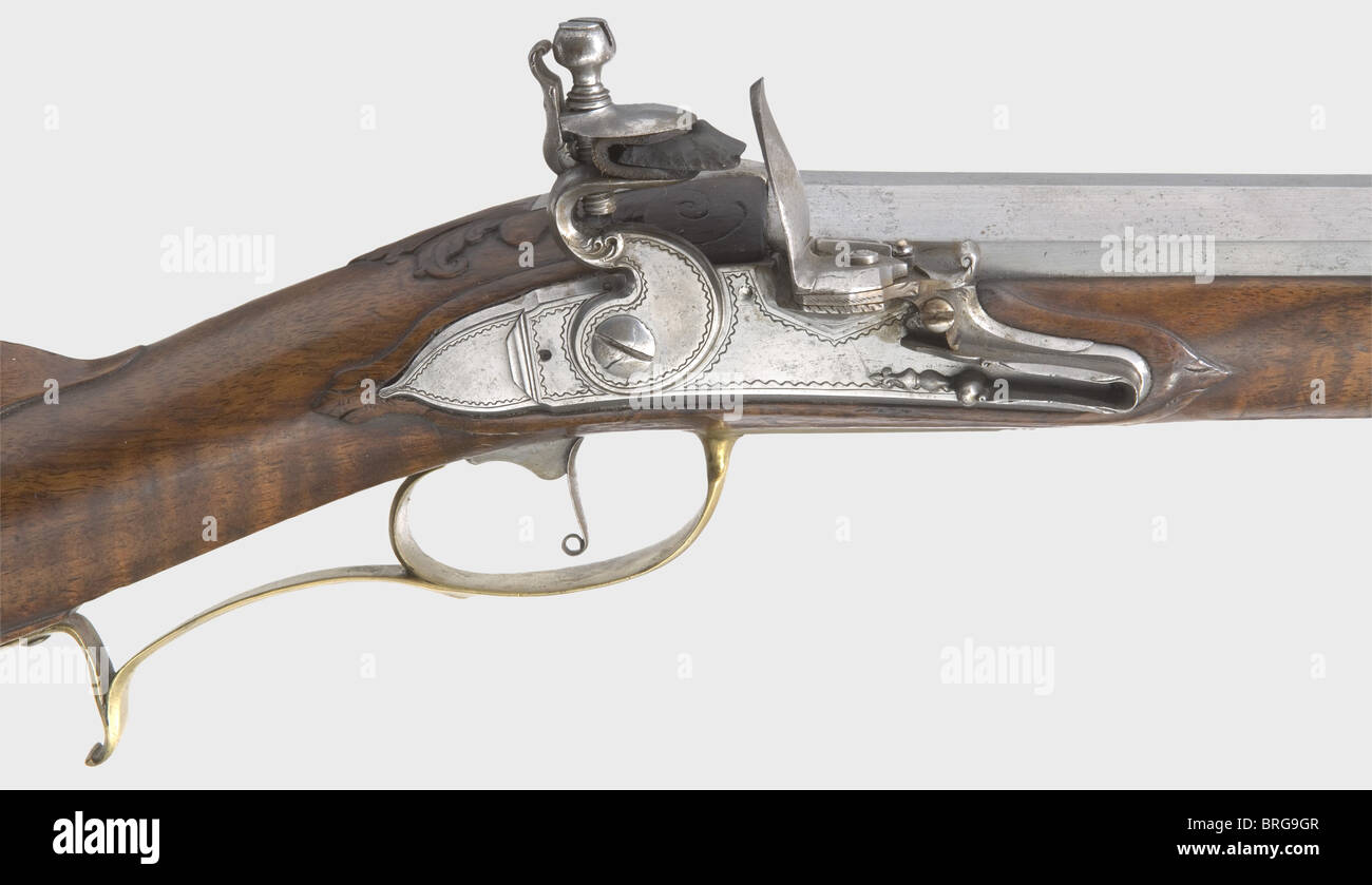 A flintlock rifle,German,circa 1780. Two-stage barrel,octagonal then ...