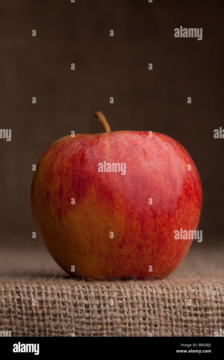 Apple resting on farmer's Hessian (burlap) cloth Stock Photo - Alamy