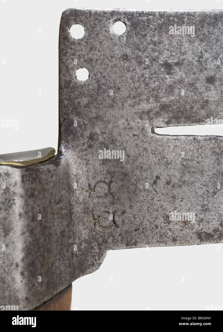 A Saxon miner's axe,dated 1683 Openwork iron blade. Walnut helve ...