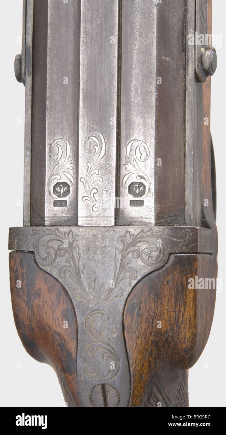 A German double-barrelled needle-fire shotgun,circa 1840/50.Side-by ...