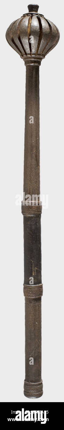 A Hungarian mace, 17th century Iron striking head with 15 flanges and a ...