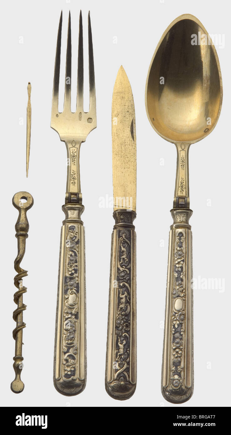A Russian travel set of silver cutlery in an ivory case,middle of the ...