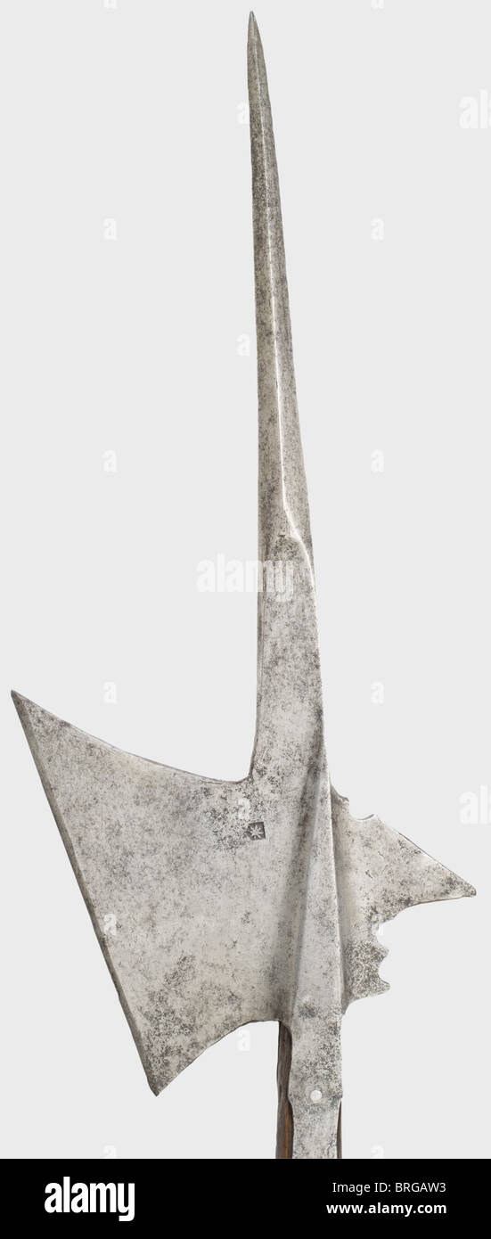 A Swiss halberd,middle of the 16th century Quadrangular spike with a ...