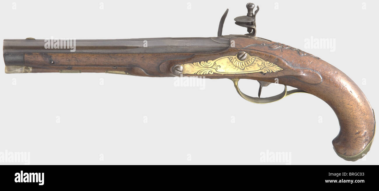 A pair of German flintlock pistols,circa 1780. Round,smooth bore ...