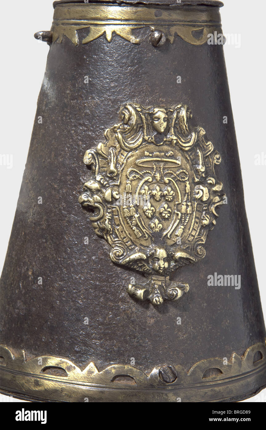 An Italian powder flask,1st half of the 17th century. Iron,tapered,half ...