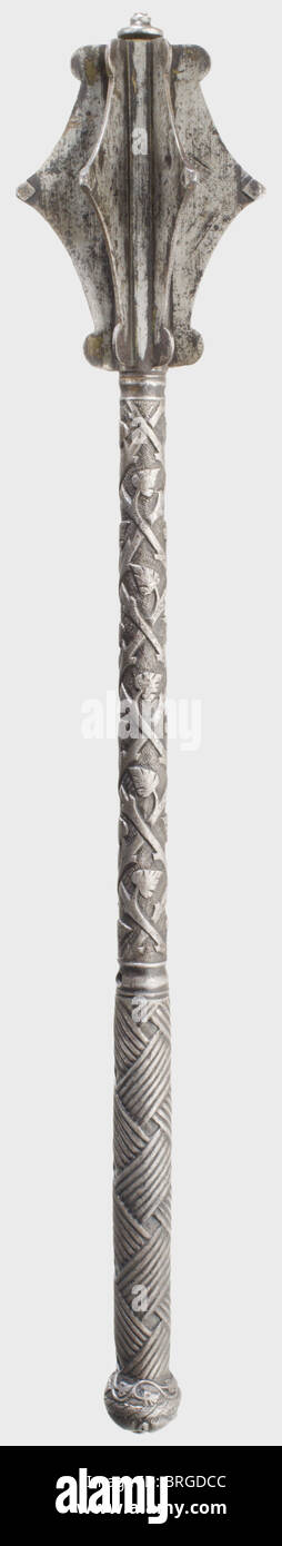 A chiselled Italian mace,circa 1530/40 Iron,brass soldered head of six ...