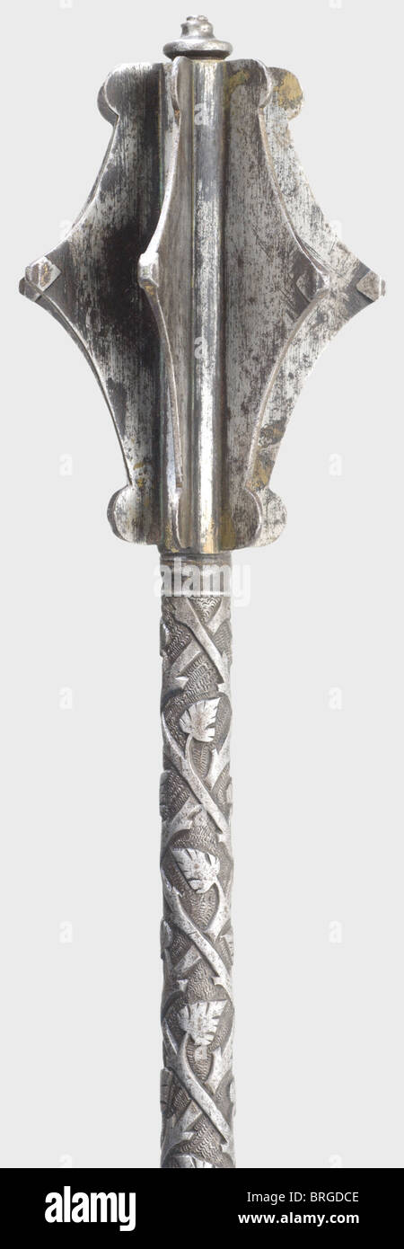 A chiselled Italian mace,circa 1530/40 Iron,brass soldered head of six ...