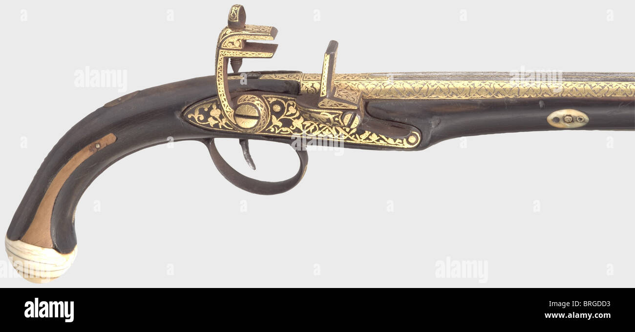 A gold-inlaid Caucasian miquelet flintlock pistol,middle of the 19th ...