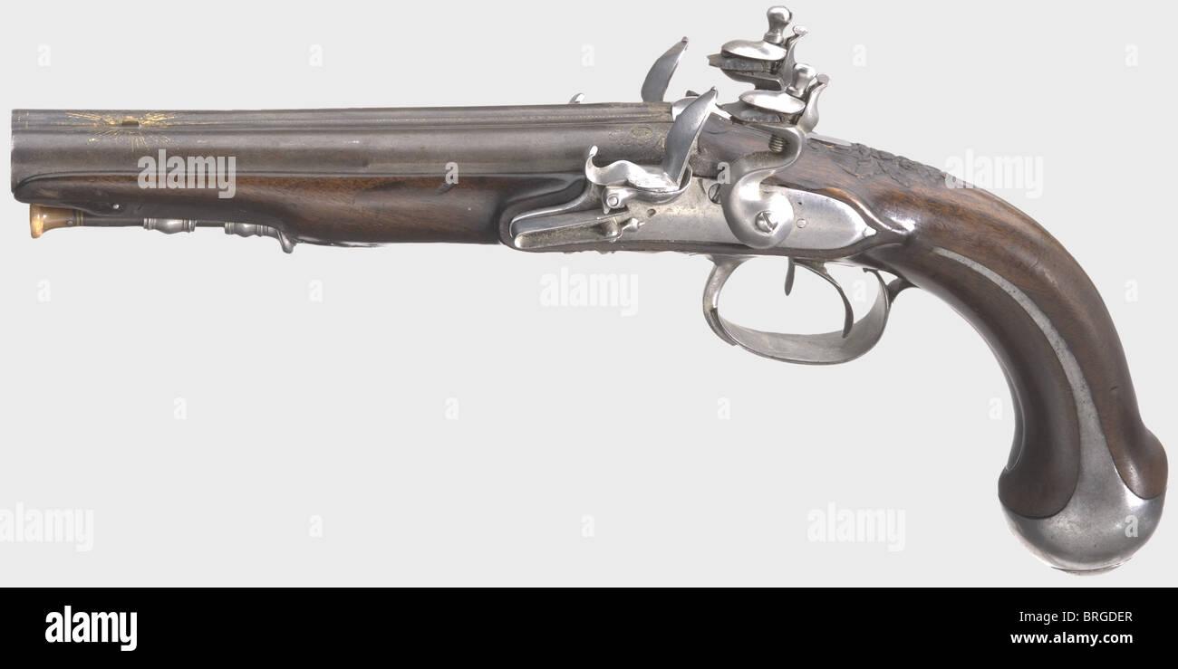 A pair of double-barrelled flintlock pistols,France,circa 1780. Side-by ...