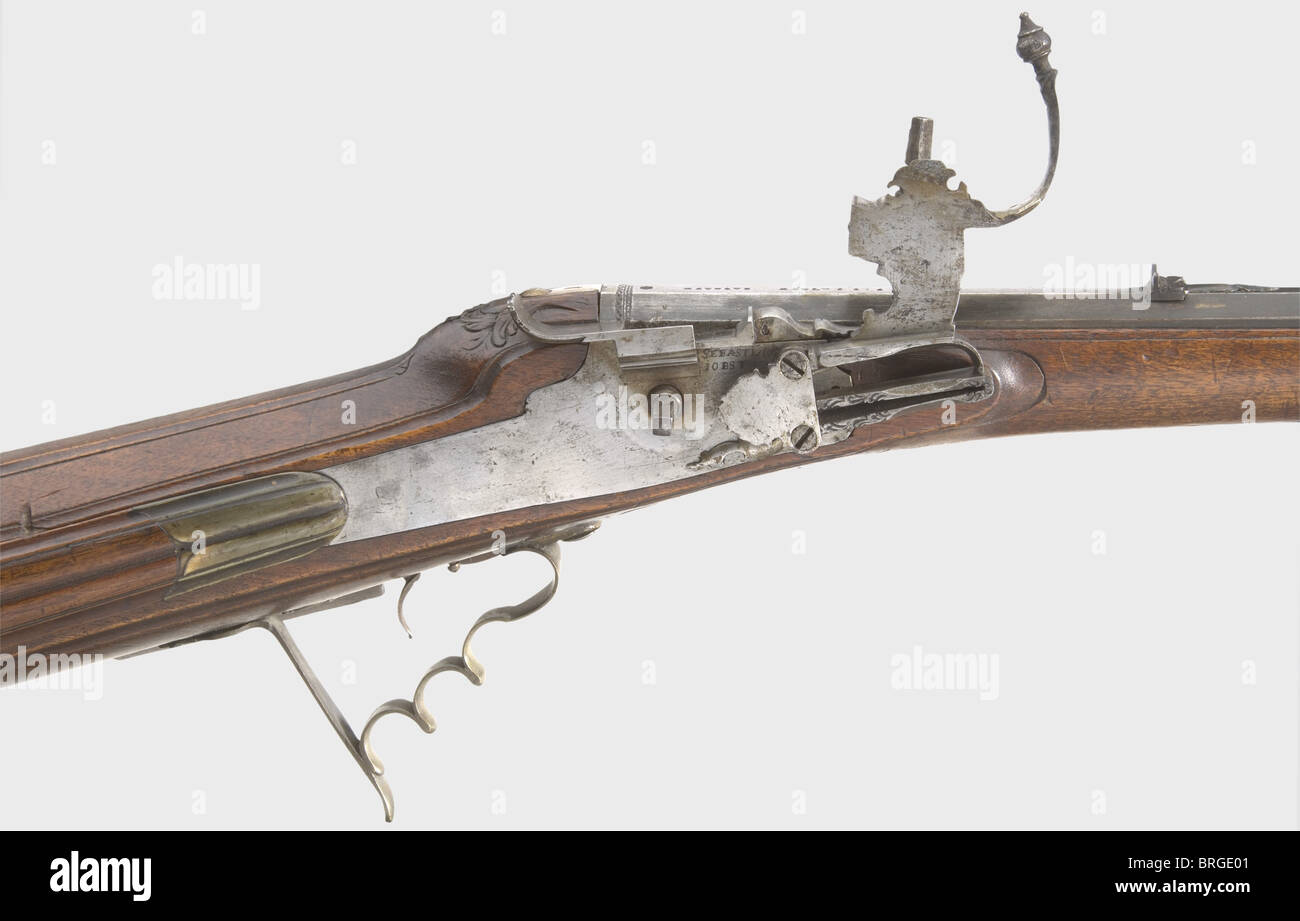 A wheellock rifle,Sebastian Jobst,Linz,circa 1730.Octagonal,slightly ...