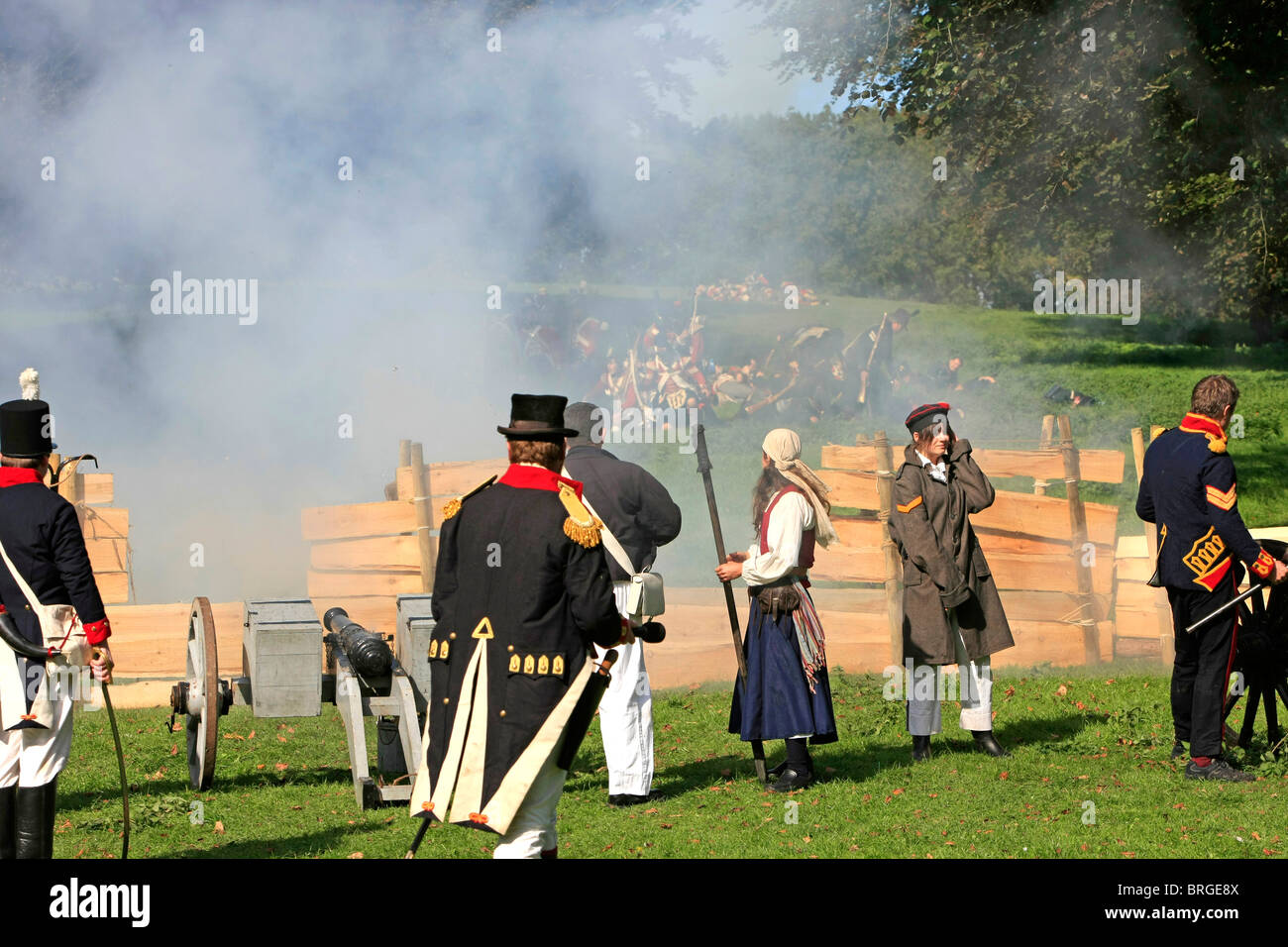 Prussian Artillery men demonstrate the usage of cannons at the time of ...