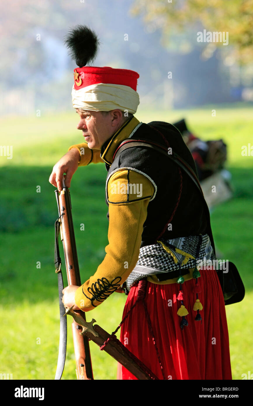 Close up of a French Moroccan Soldier dressed in an 1815 period uniform ...