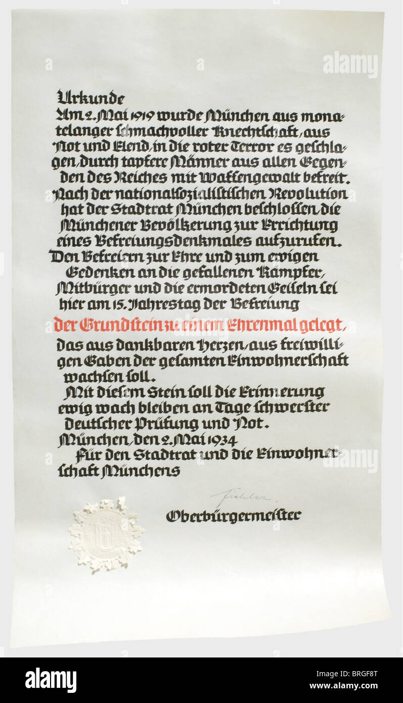 A cornerstone box with charter,Munich,2nd May 1934 Cylindrical document ...