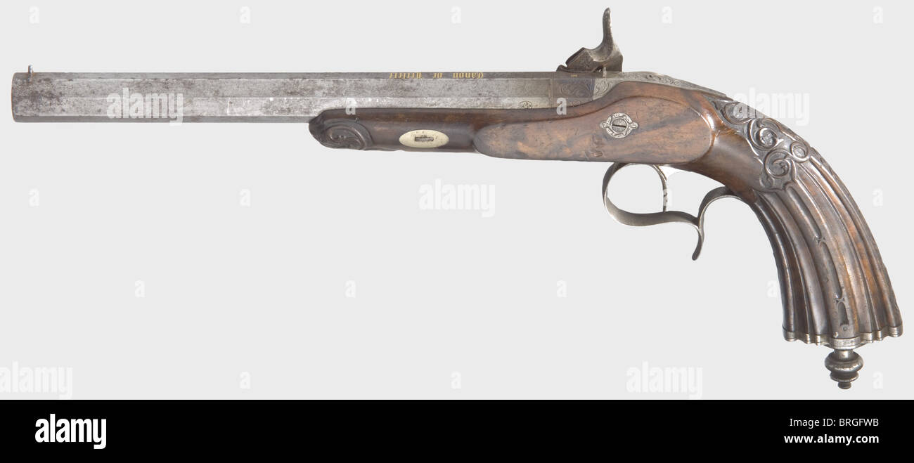 A cased pair of Belgian percussion pistols,circa 1870. Octagonal rifled ...
