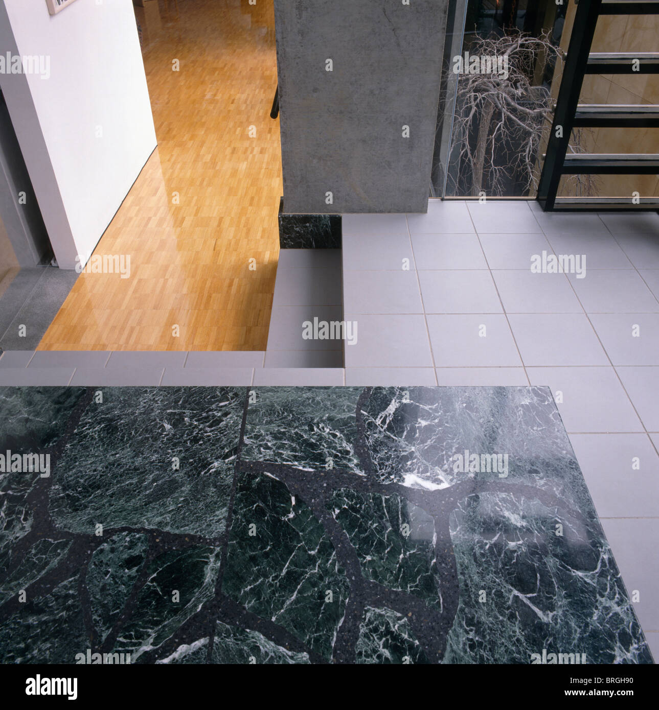 Close-up of granite inset in white ceramic tiled floor Stock Photo - Alamy