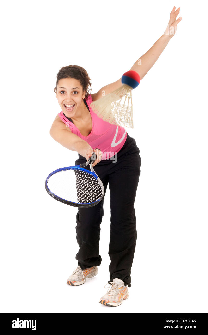 young woman playing badminton isolated on white background Stock Photo ...