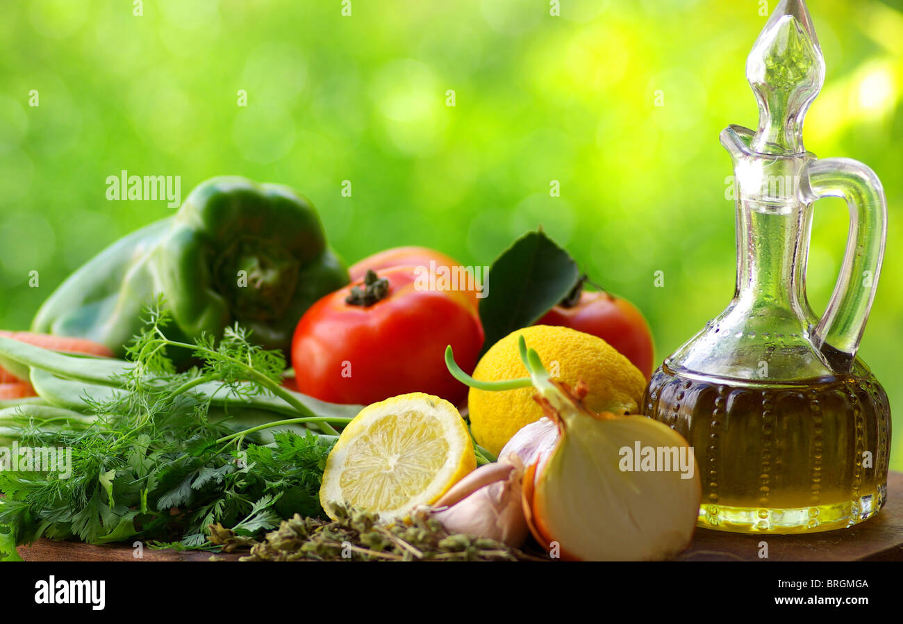Oil Olive and condiments Stock Photo - Alamy