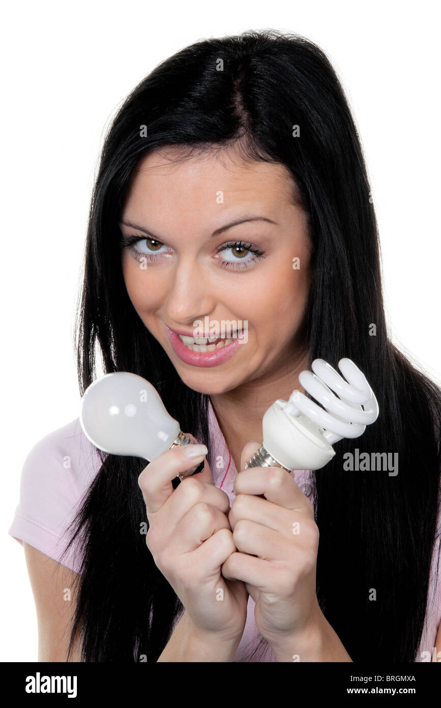 Women with energy-saving lamp. Energy lamp and bulb Stock Photo - Alamy