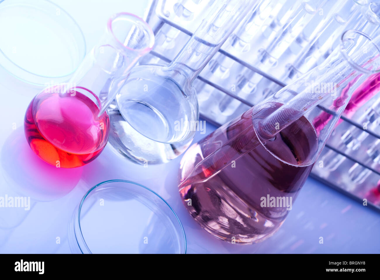 Molecular model and flasks in laboratory Stock Photo - Alamy