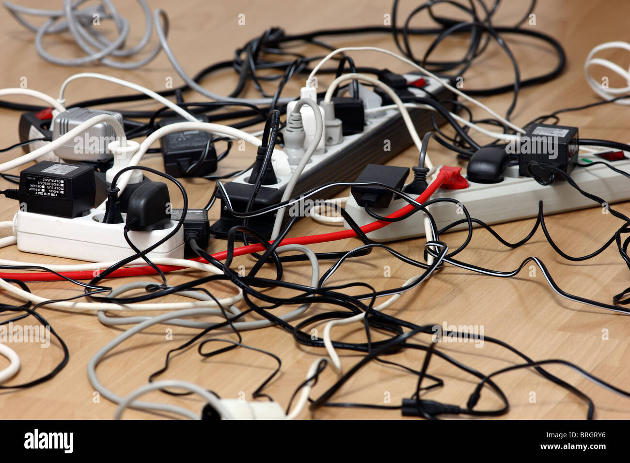 Home electrics, multi socket, power lines, plug board, plugs and ...