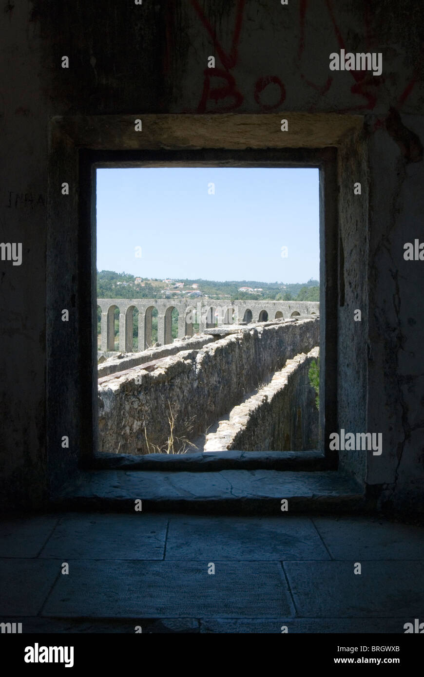 Pegões monumental aqueduct in Tomar. Window inside inspection building ...