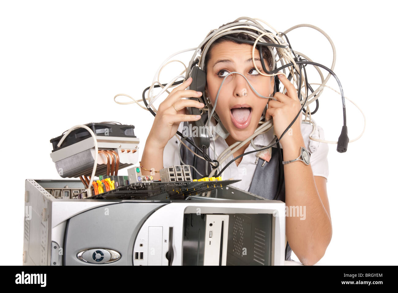 woman in panic having problems with computer trying to reach support ...