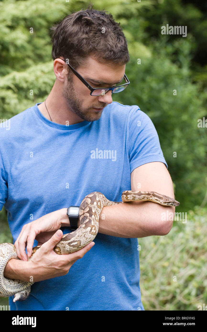 Dumeril's Boa (Boa dumerili). Held by male herpetologist. Snake native ...
