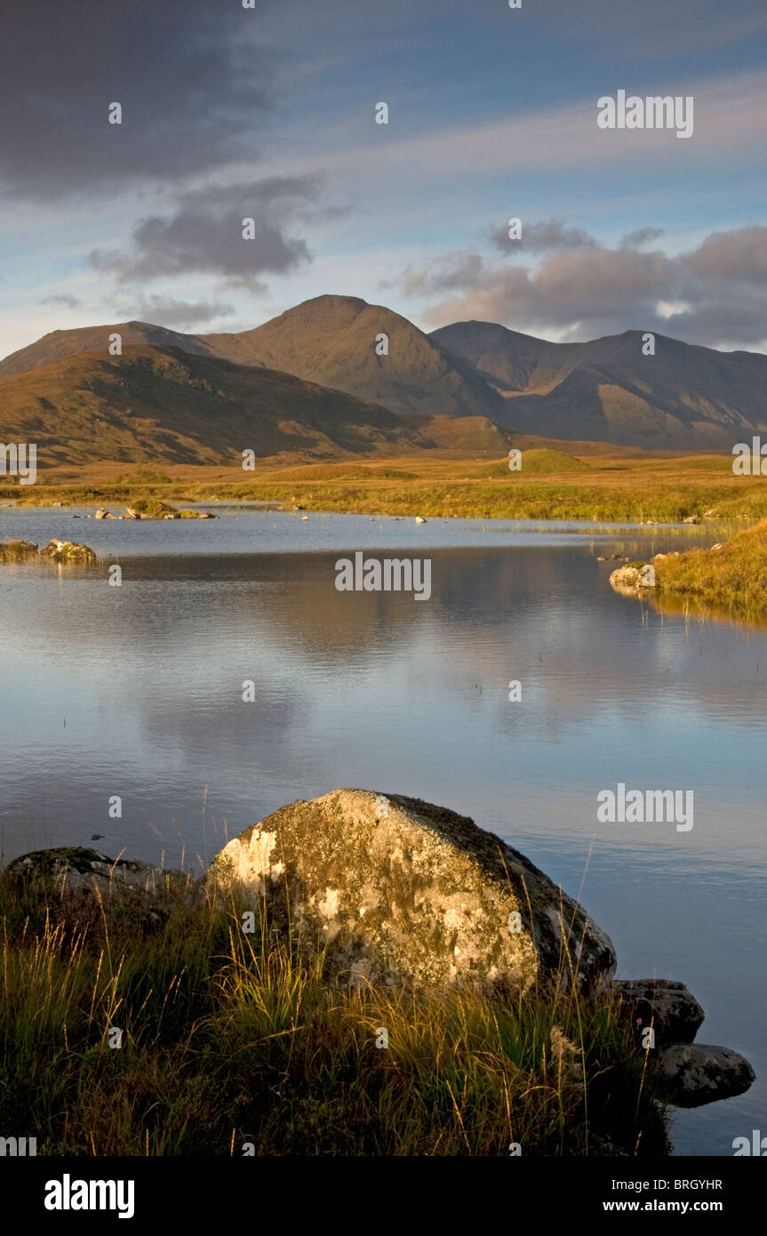 Morning sun across the bleak Landscape of Lochan na-Achlaise at ...