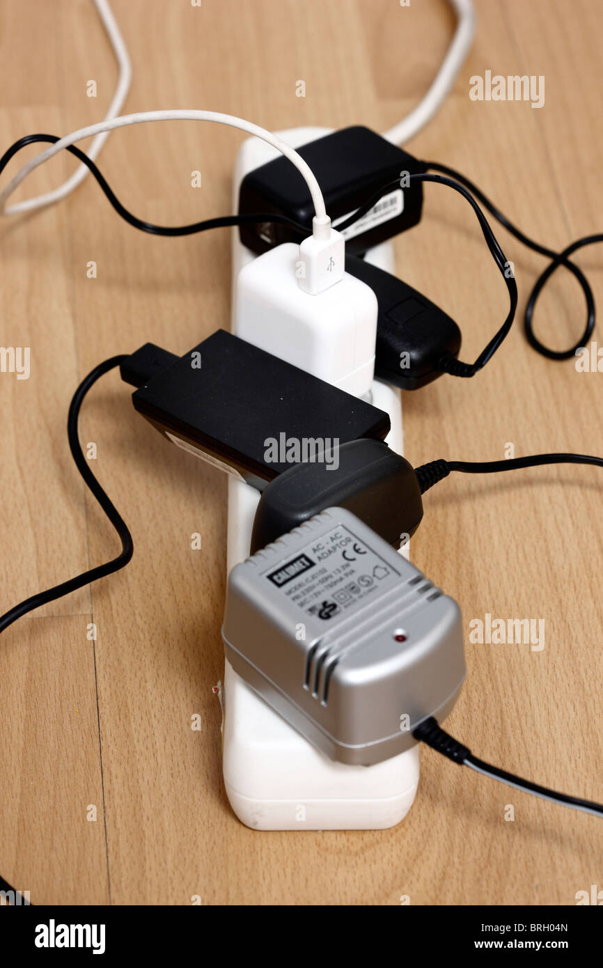 Home electrics, multi socket, power lines, plug board, plugs and ...