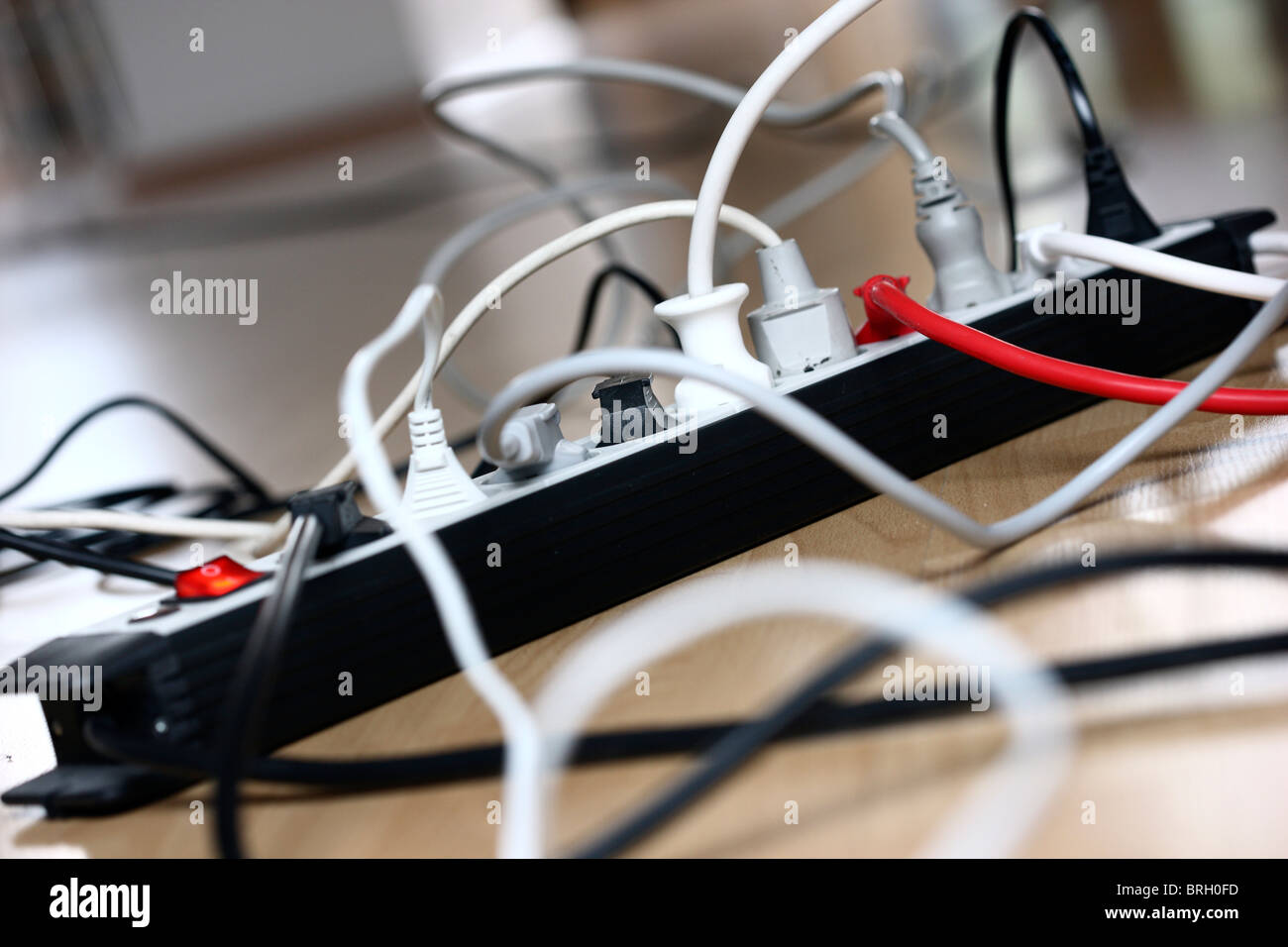 Home electrics, multi socket, power lines, plug board, plugs and ...