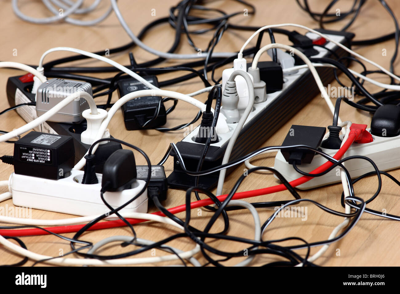 Home electrics, multi socket, power lines, plug board, plugs and ...