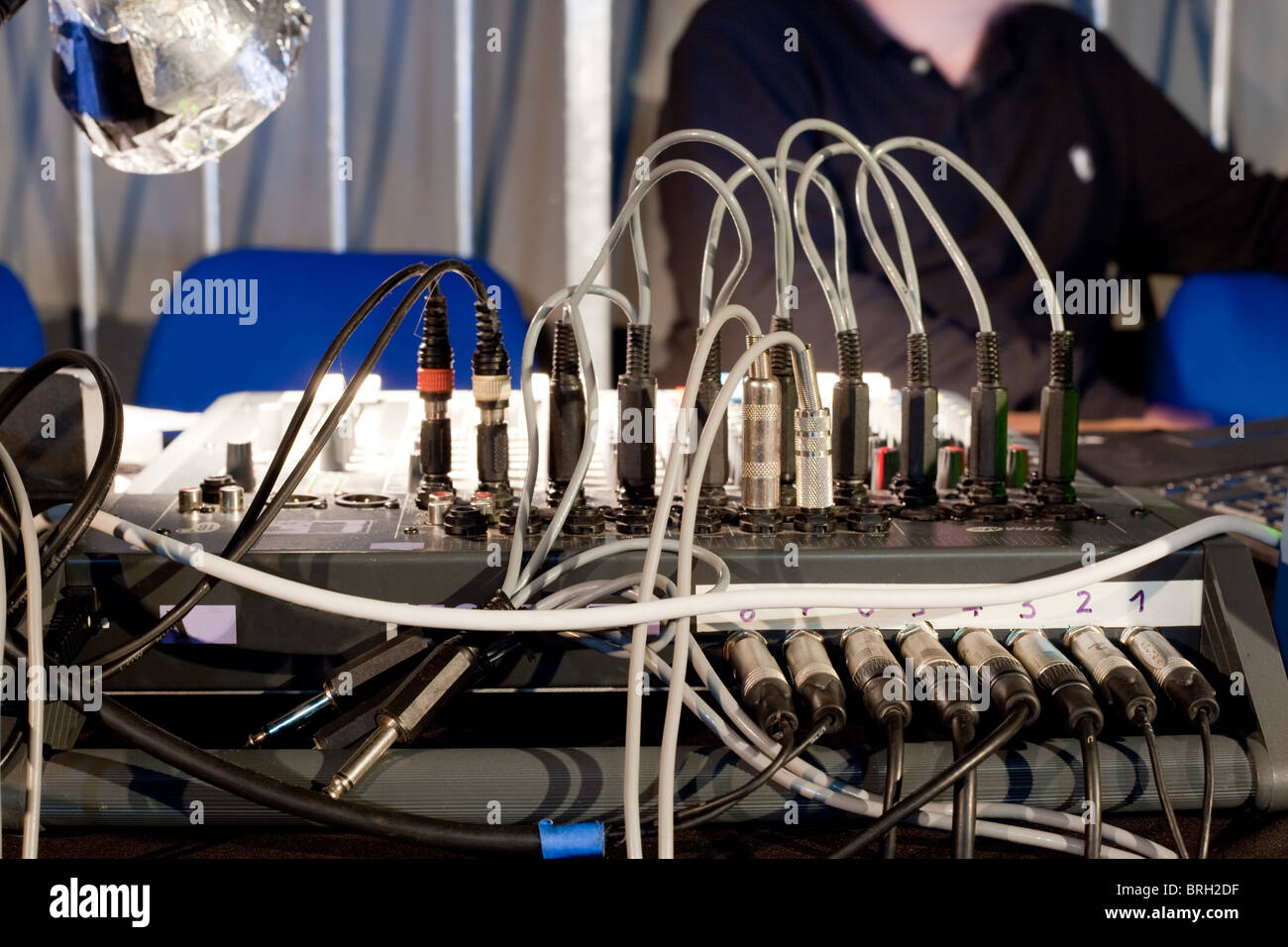 Back view of audio mixing board Stock Photo - Alamy
