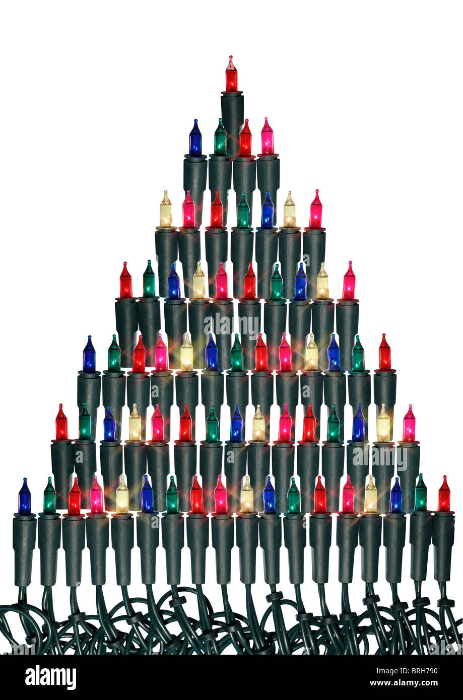 Christmas tree montage made of typical colored lights against white ...