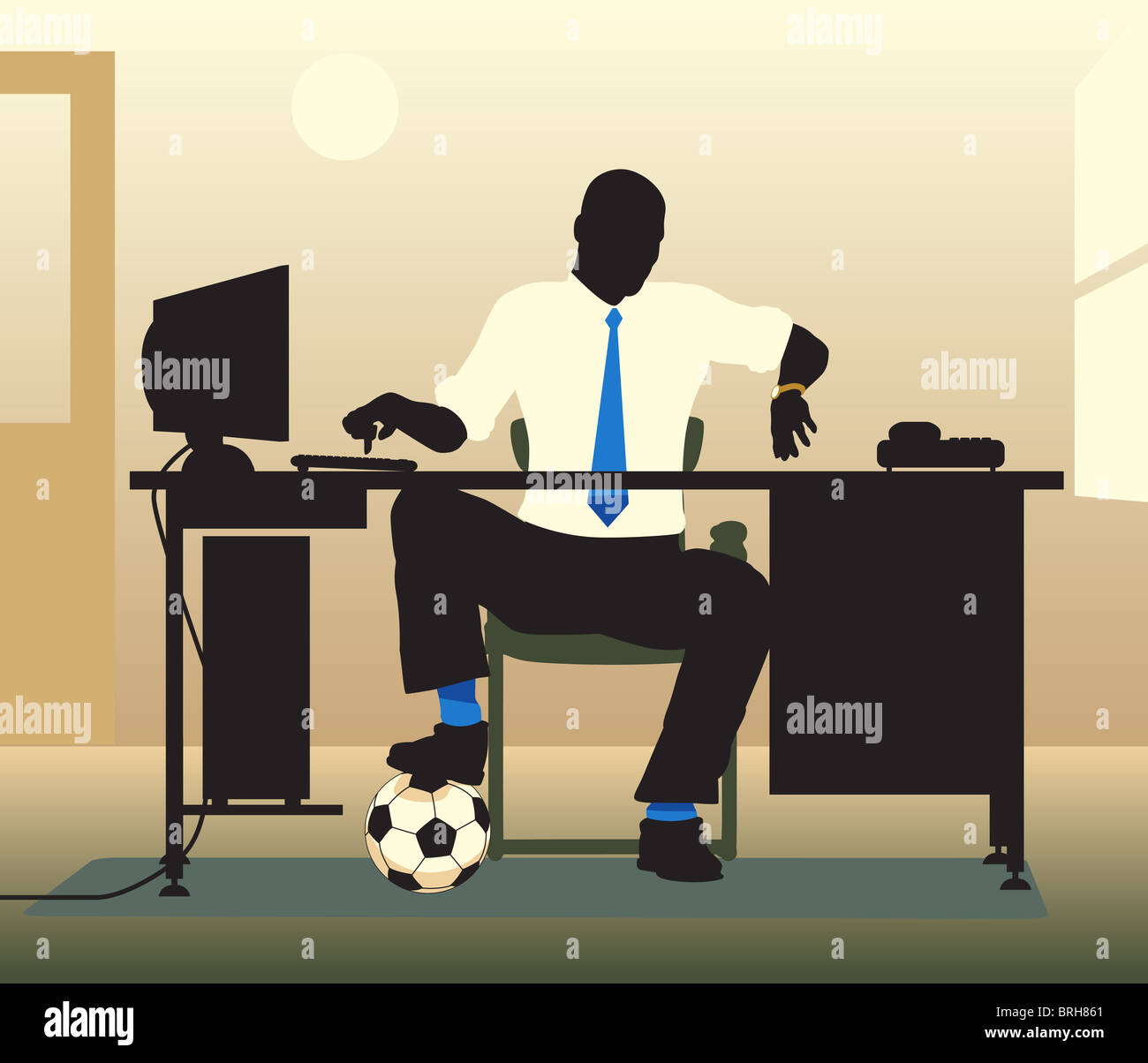 Illustration of an office worker with a football looking at his watch ...