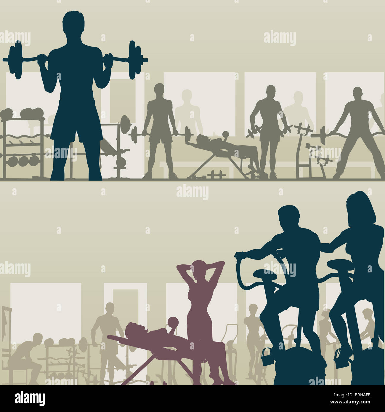Two illustrated silhouettes of people exercising in a gym Stock Photo ...
