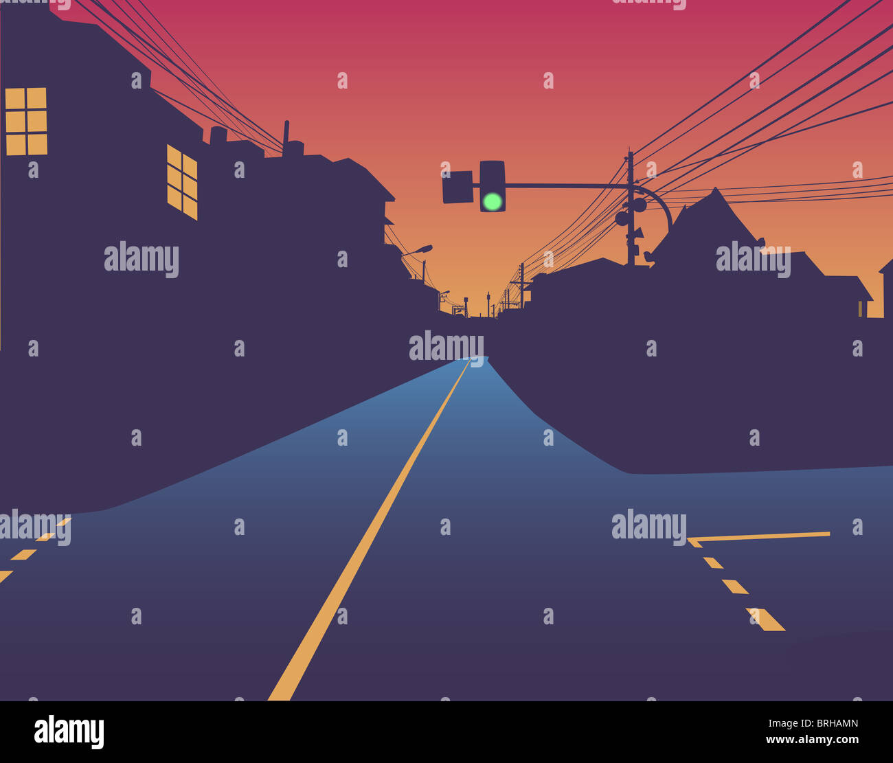 Illustrated design of a green traffic light over an empty street at ...