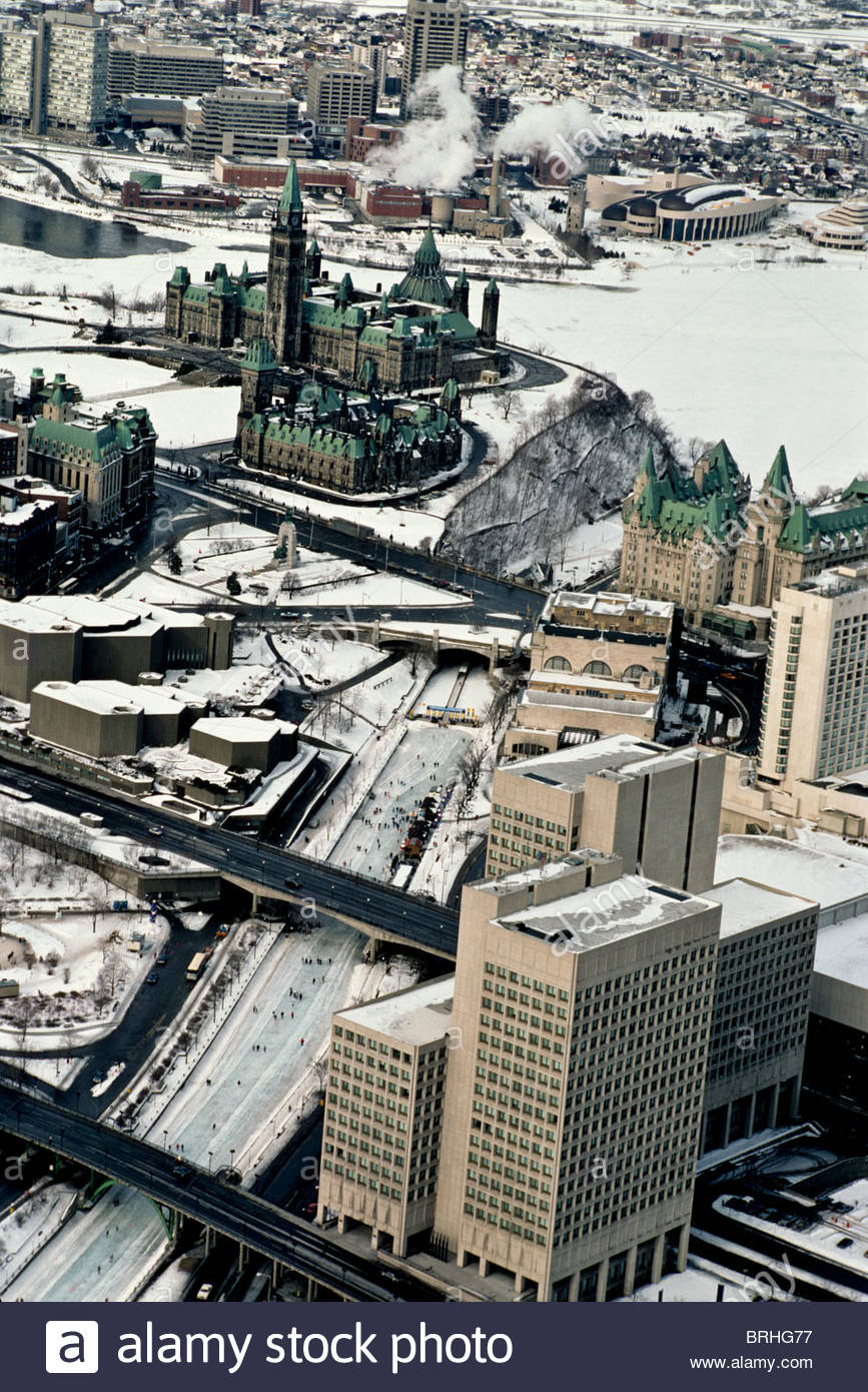 An aerial view of central Ottawa including Parliament Hill and canal ...