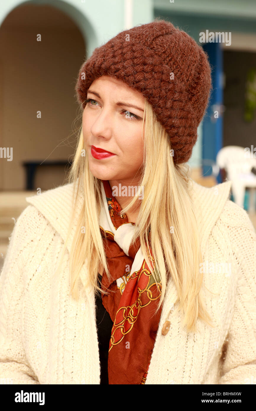 Young Woman Wearing Brown Beanie Hat. Model Released Stock Photo - Alamy
