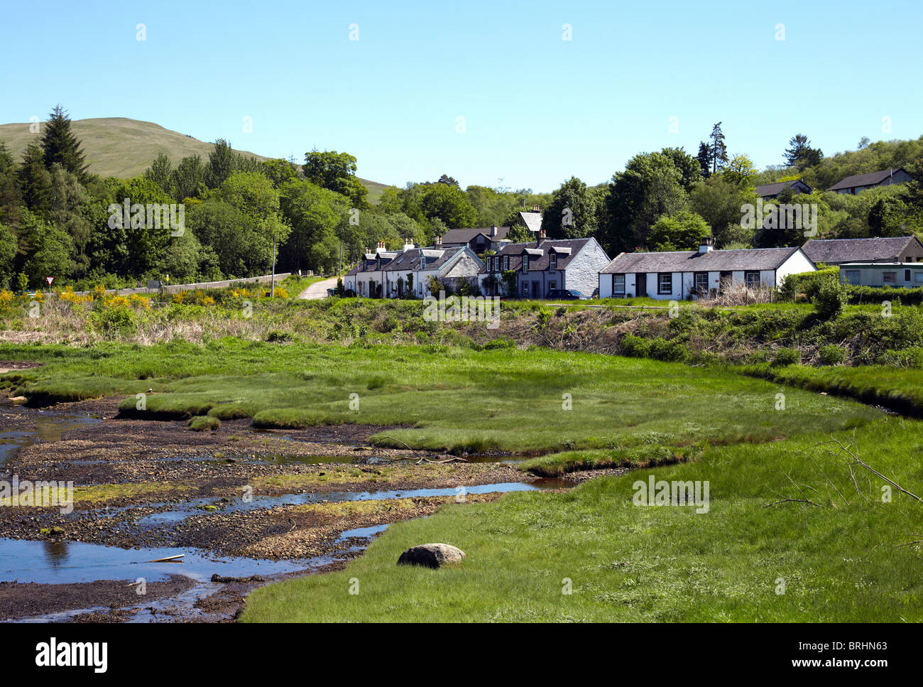 View of fisherman's cottages across Strachur Bay, Argyll. Scotland ...
