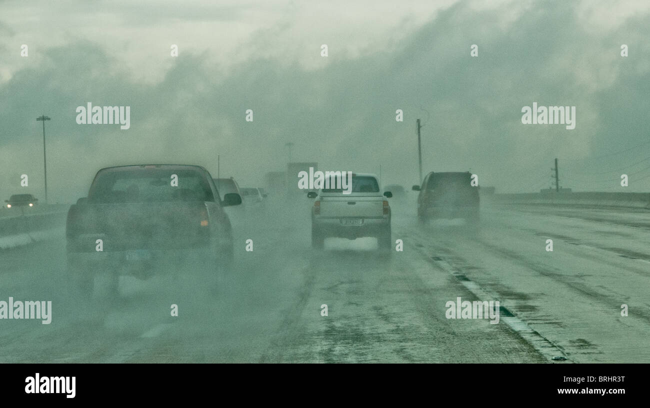 Freeway traffic during torrential rain storm in Houston, Texas, USA ...