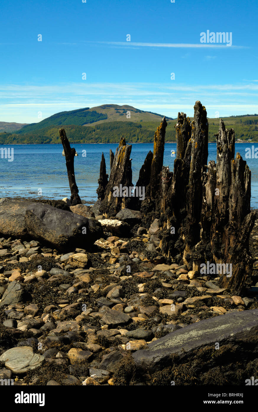 View across Loch Fyne from Strachur Bay. Derelict wooden pier in ...