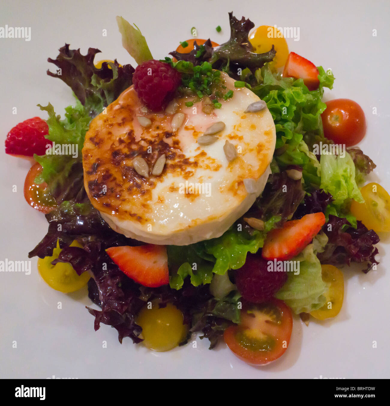 Starter food course with grilled goat's cheese and pine nuts on a salad ...