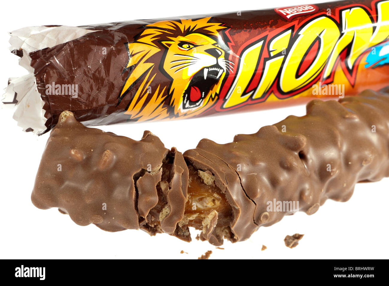 Nestle chocolate Lion Bar broken into two halves with wrapper Stock ...