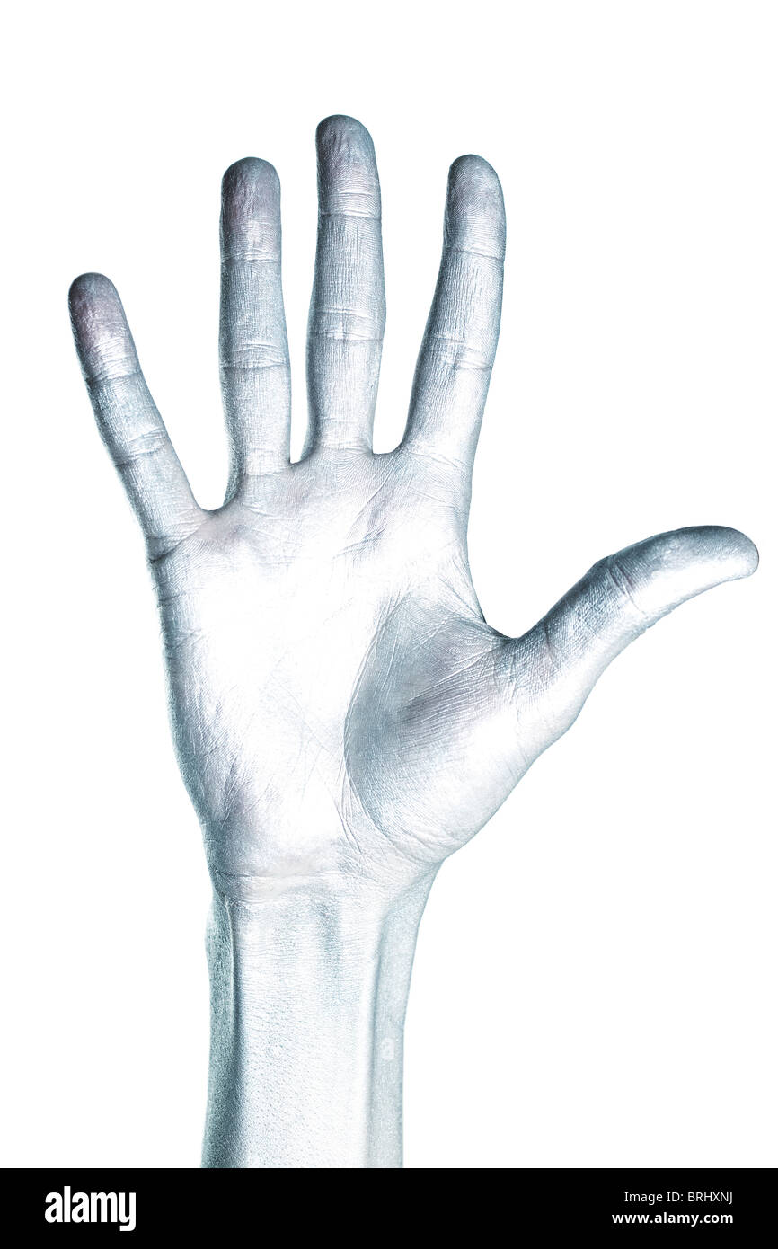 Beautiful male hand in silver paint on white background Stock Photo - Alamy