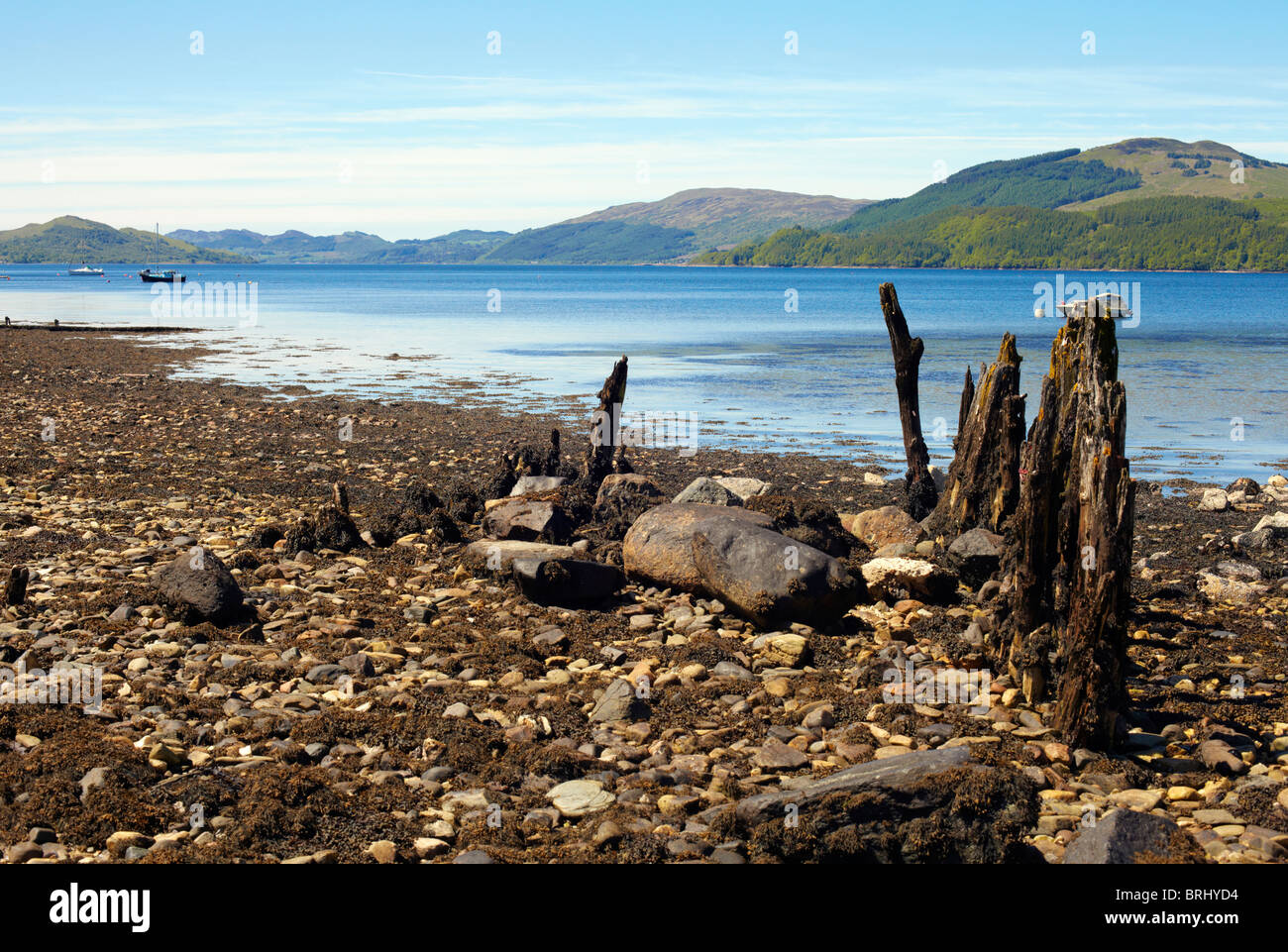 View across Loch Fyne from Strachur Bay. Derelict wooden pier in ...